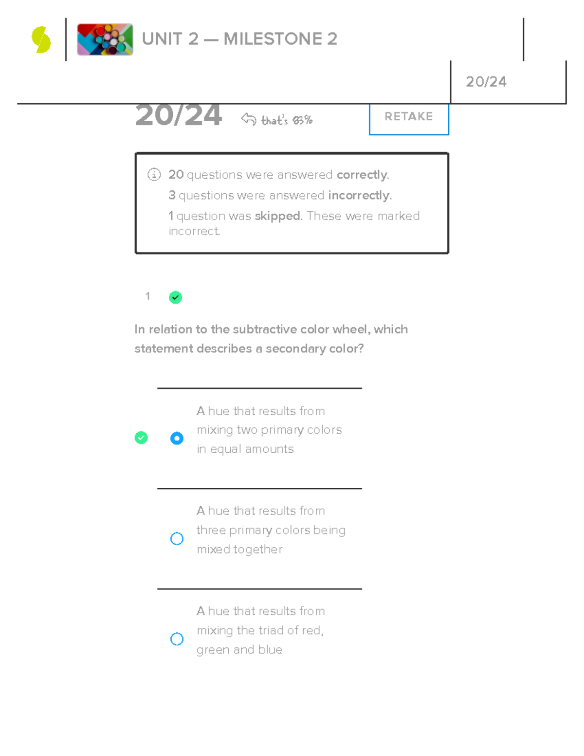 Mil 2 - tests - 1 20 / 24 that's 83% RETAKE 20 questions were answered ...