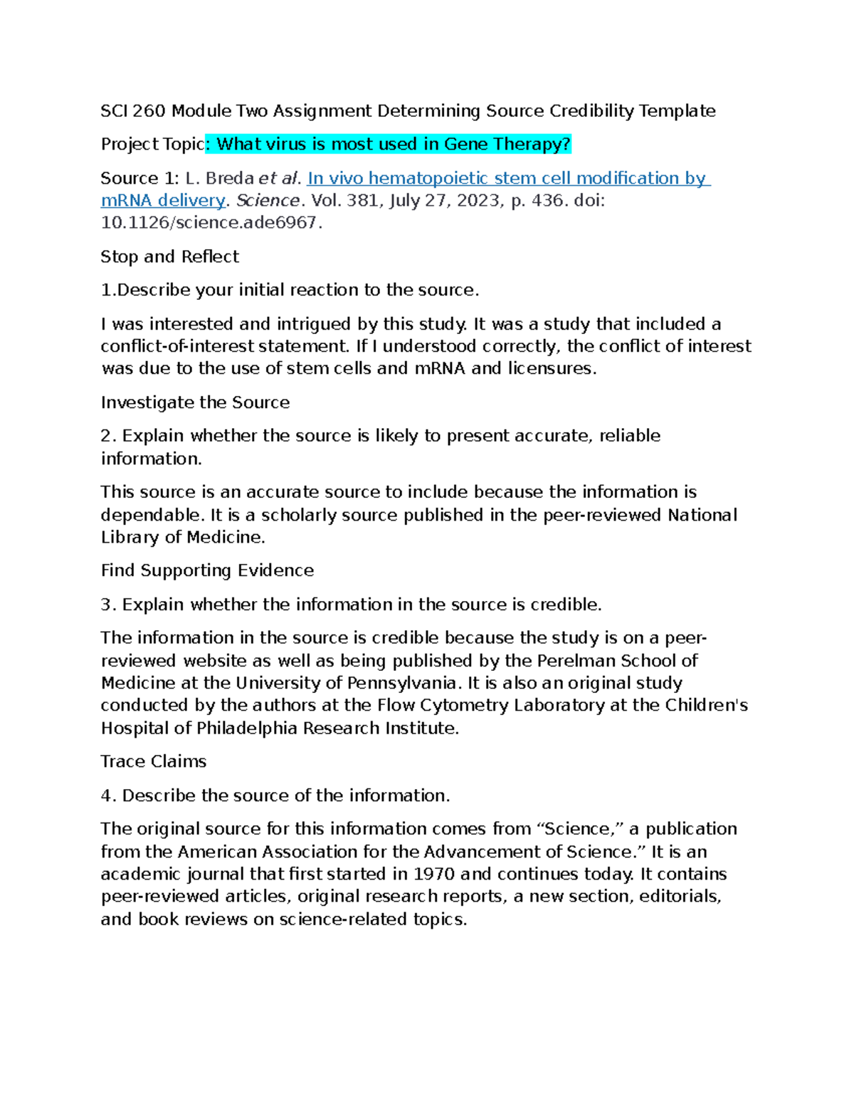 classwork for problem solving and source citing - SCI 260 Module Two ...