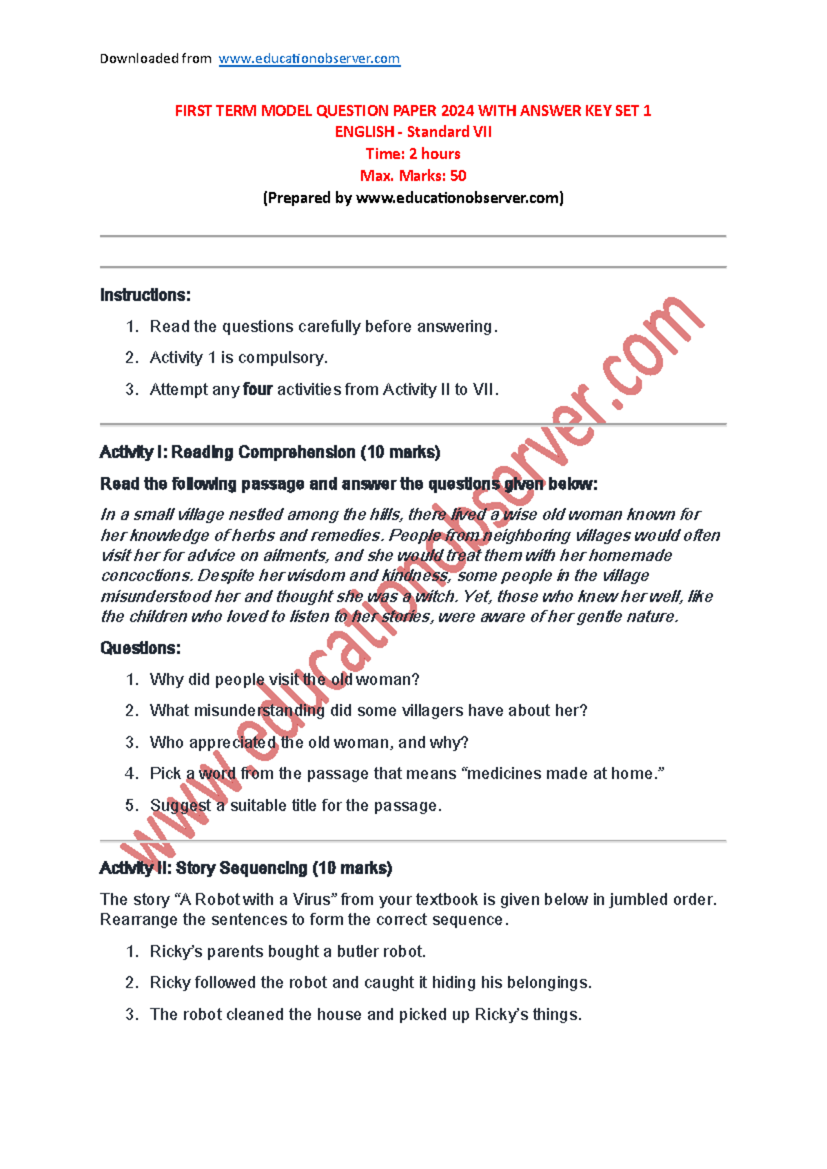 7th English First Term model question paper- English by educationobserver.com 1 - FIRST TERM ...