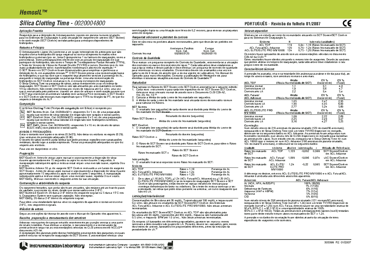 Anticoagulante Lupico - 303399 R2 01/ HemosIL™ Instrumentation ...