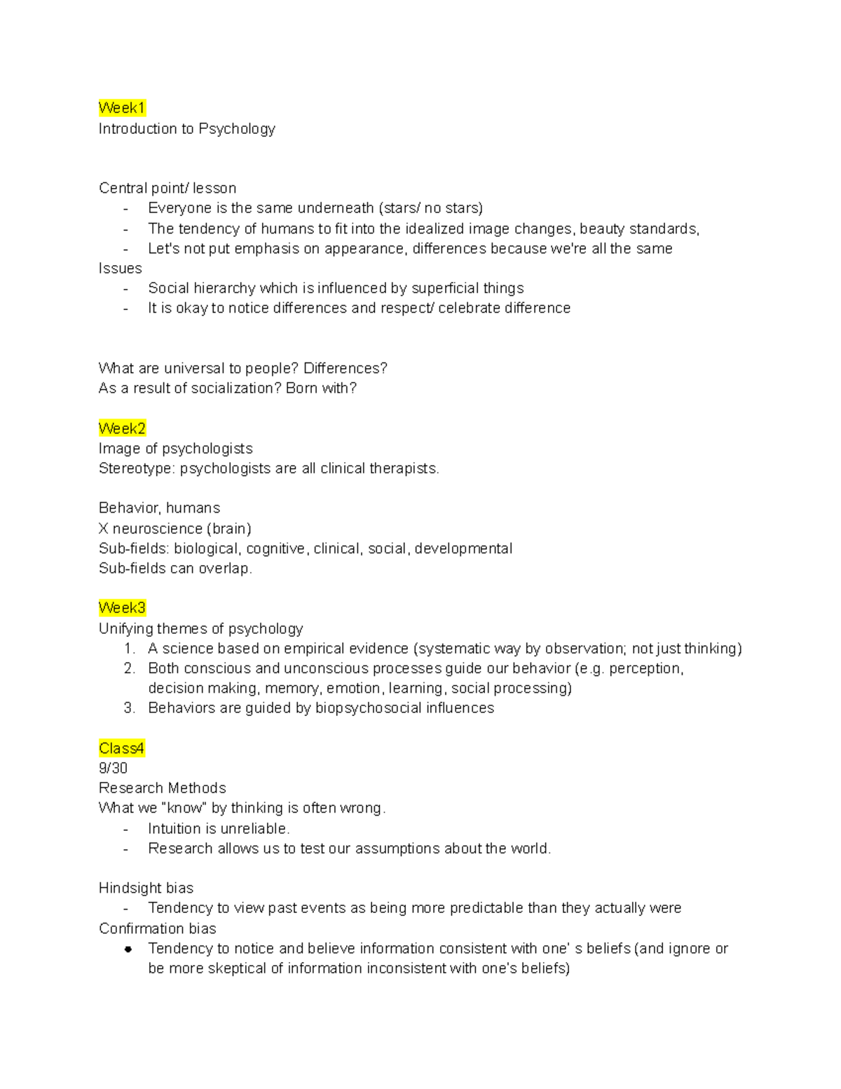 Psych 101 - notes from week1-3 - Week Introduction to Psychology ...