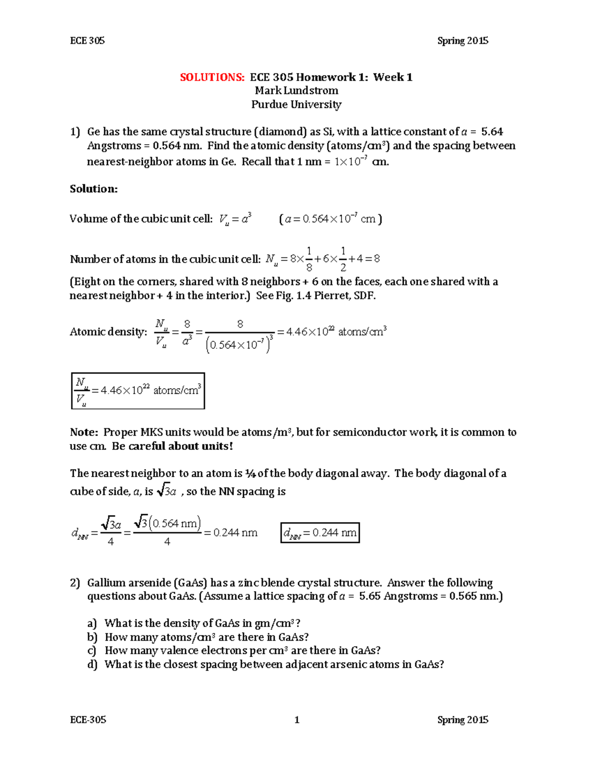 Week1HW S15 Solutions - HW1 - SOLUTIONS: ECE 305 Homework 1 : Week 1 ...