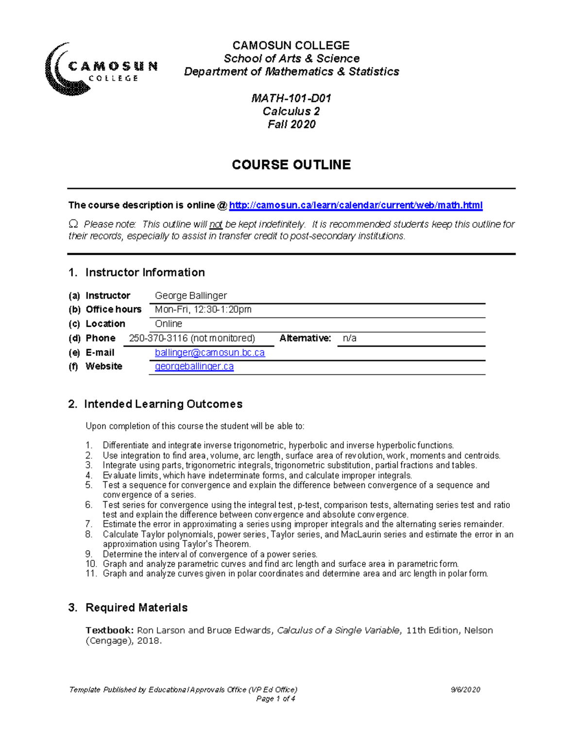 MATH 101 D01 George Ballinger - Template Published by Educational ...