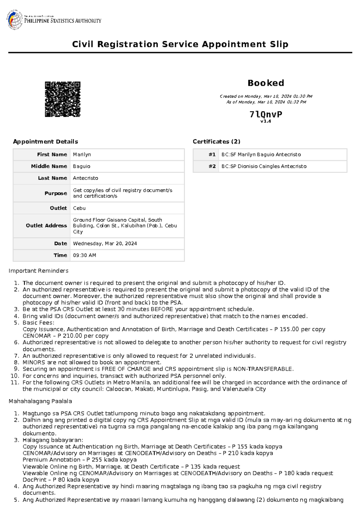 Document - Civil Registration Service Appointment Slip Booked Created ...