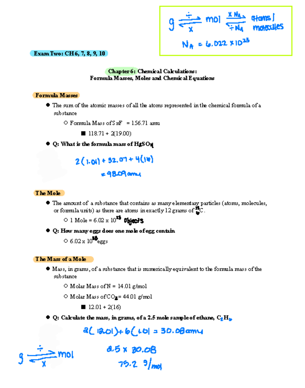 Chapter 6 Chemical Calculations Formula Masses, Moles and Chemical ...