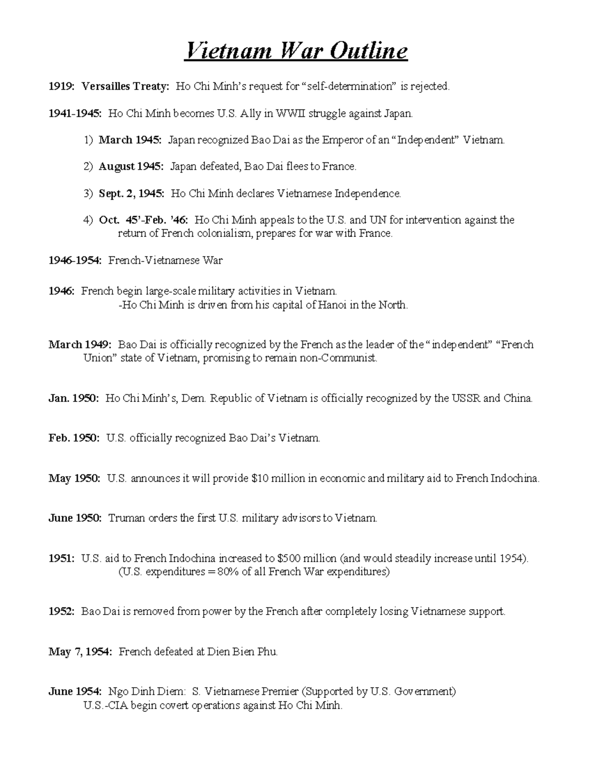 Vietnam War Timeline Note Taking Handout - Vietnam War Outline 1919 ...