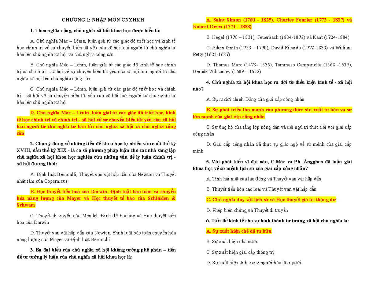 TN CNXH CHƯƠNG 1 - CHƯƠNG 1: NHẬP MÔN CNXHKH Theo nghĩa rộng, chủ nghĩa xã hội khoa học được ...