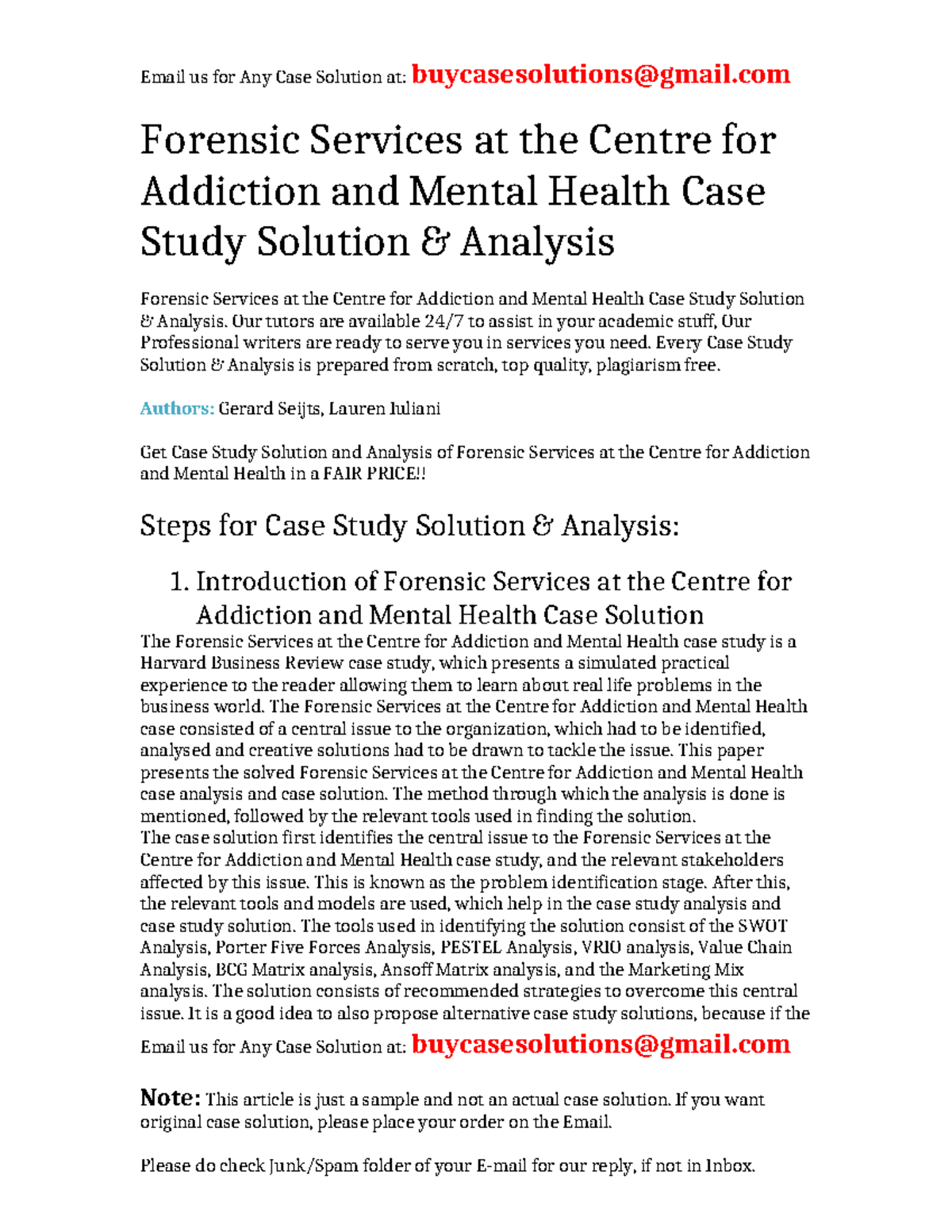 Forensic Services at the Centre for Addiction and Mental Health Case ...