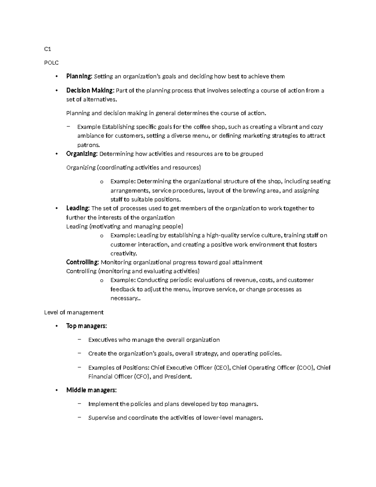 POM mid - Summary Principle of management - C POLC Planning: Setting an ...