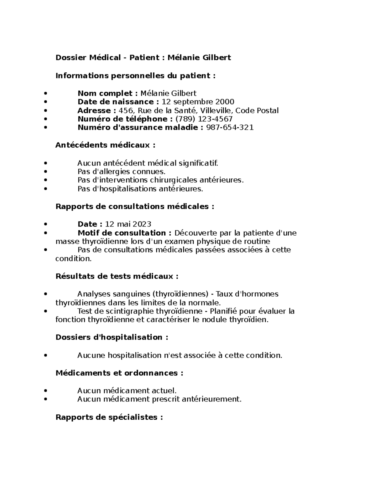 Dossier Médical - devoir - Dossier Médical - Patient : Mélanie Gilbert ...