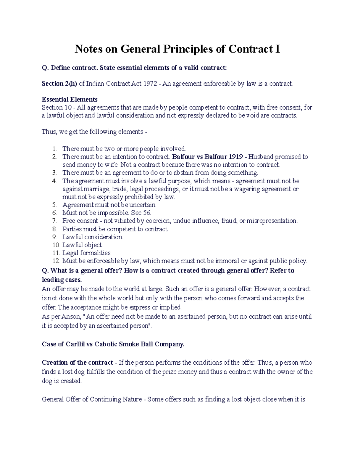 Contract I - Notes - Notes on General Principles of Contract I Q ...