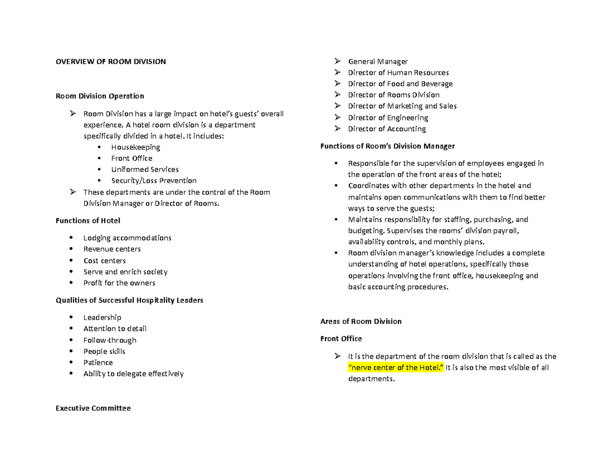 Lec 1n2 reviewer - OVERVIEW OF ROOM DIVISION Room Division Operation ...