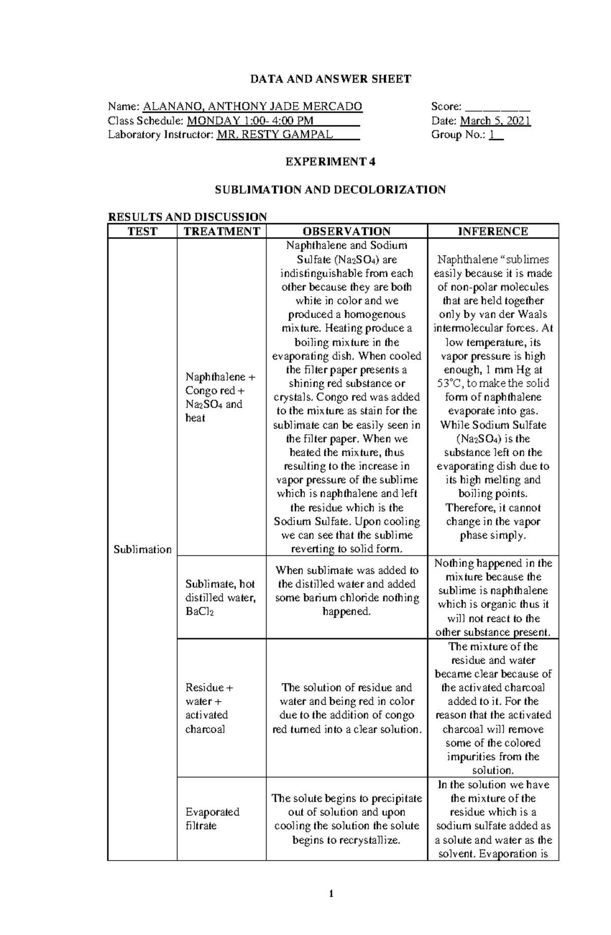 EXPERIMENT 4 - Sublimation and Decolorization - 1 DATA AND ANSWER SHEET ...