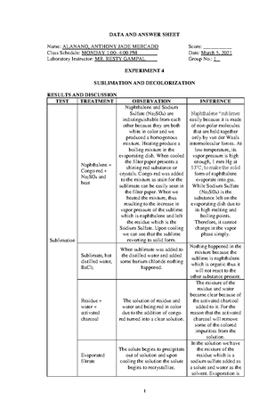 EXPERIMENT 5 - Paper Chromatography - DATA AND ANSWER SHEET Name ...