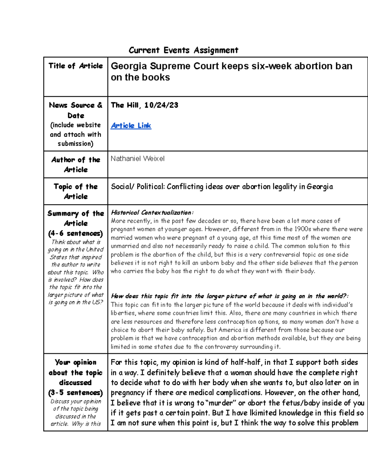 Current Events 10 27 - Current Events Assignment Title of Article ...