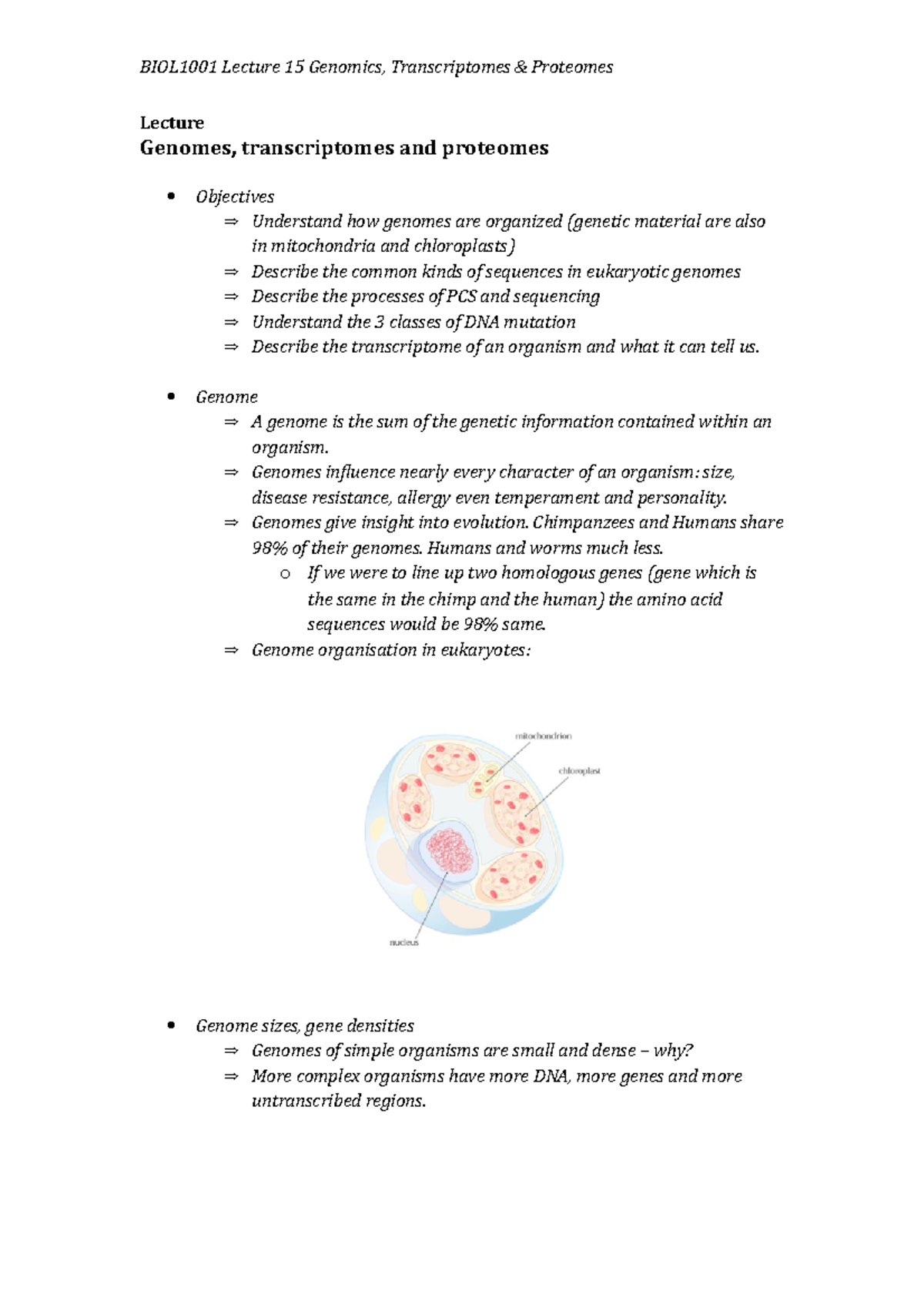 Biol1001 Lecture 15 Genomics - BIOL1001 Lecture 15 Genomics ...