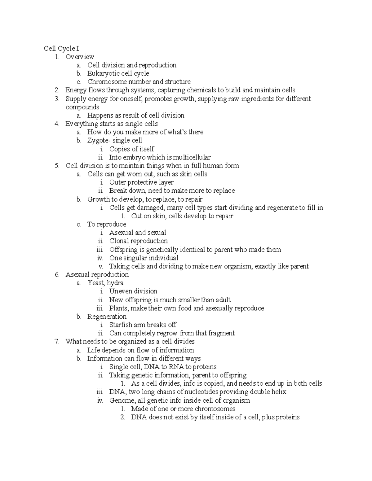 BIOL 1100 Ch 12 Class Notes - Cell Cycle I 1. Overview a. Cell division ...