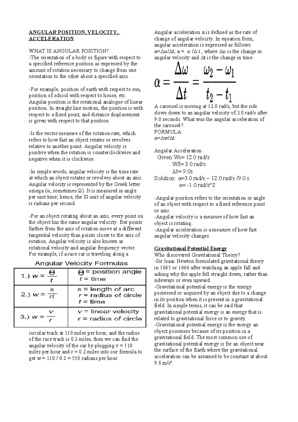 Physics- Reviewer - ANGULAR POSITION, VELOCITY, ACCELERATION WHAT IS ANGULAR POSITION? The - Studocu