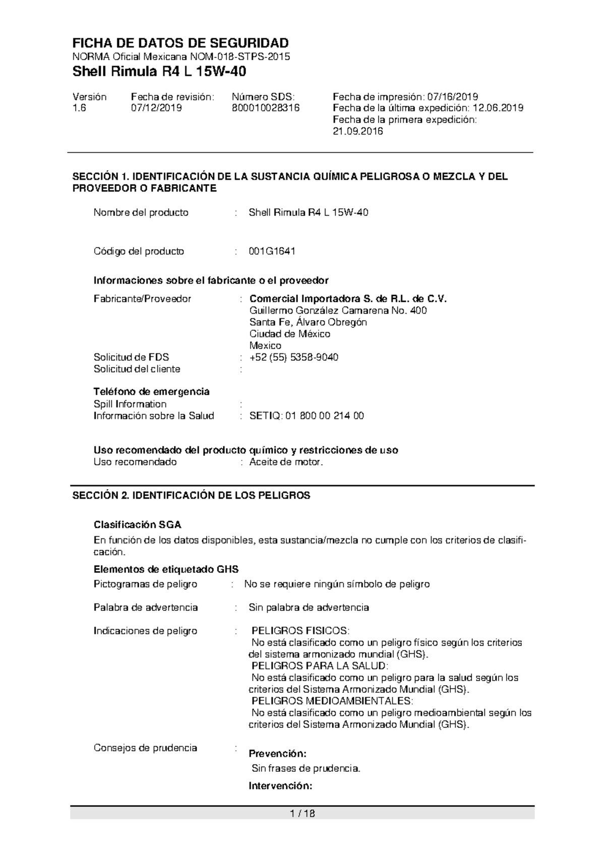 Rimula r4 l 15w40 - NORMA Oficial Mexicana NOM- 018 - STPS- 2015 Shell ...