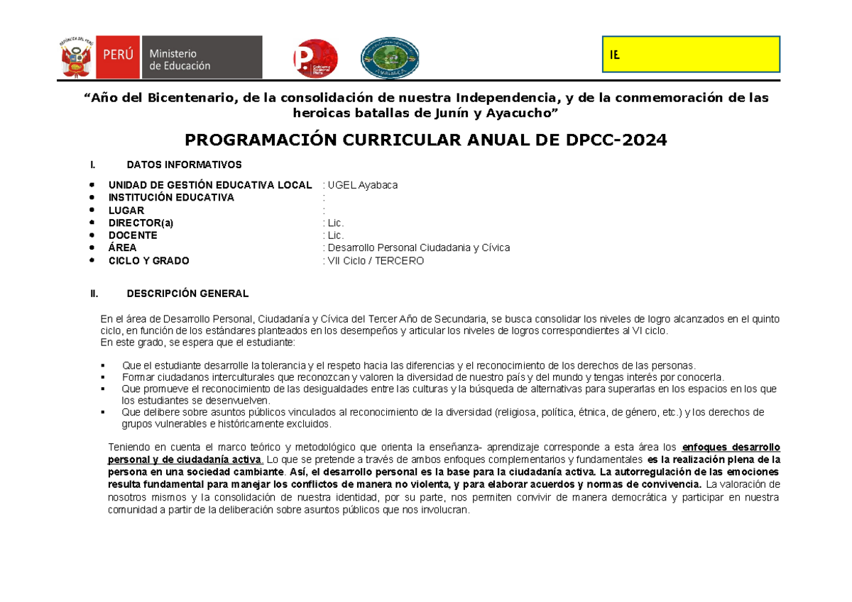 Programacion 2024 - ESPERO LES PUEDA SERVIR - “Año del Bicentenario, de la consolidación de ...