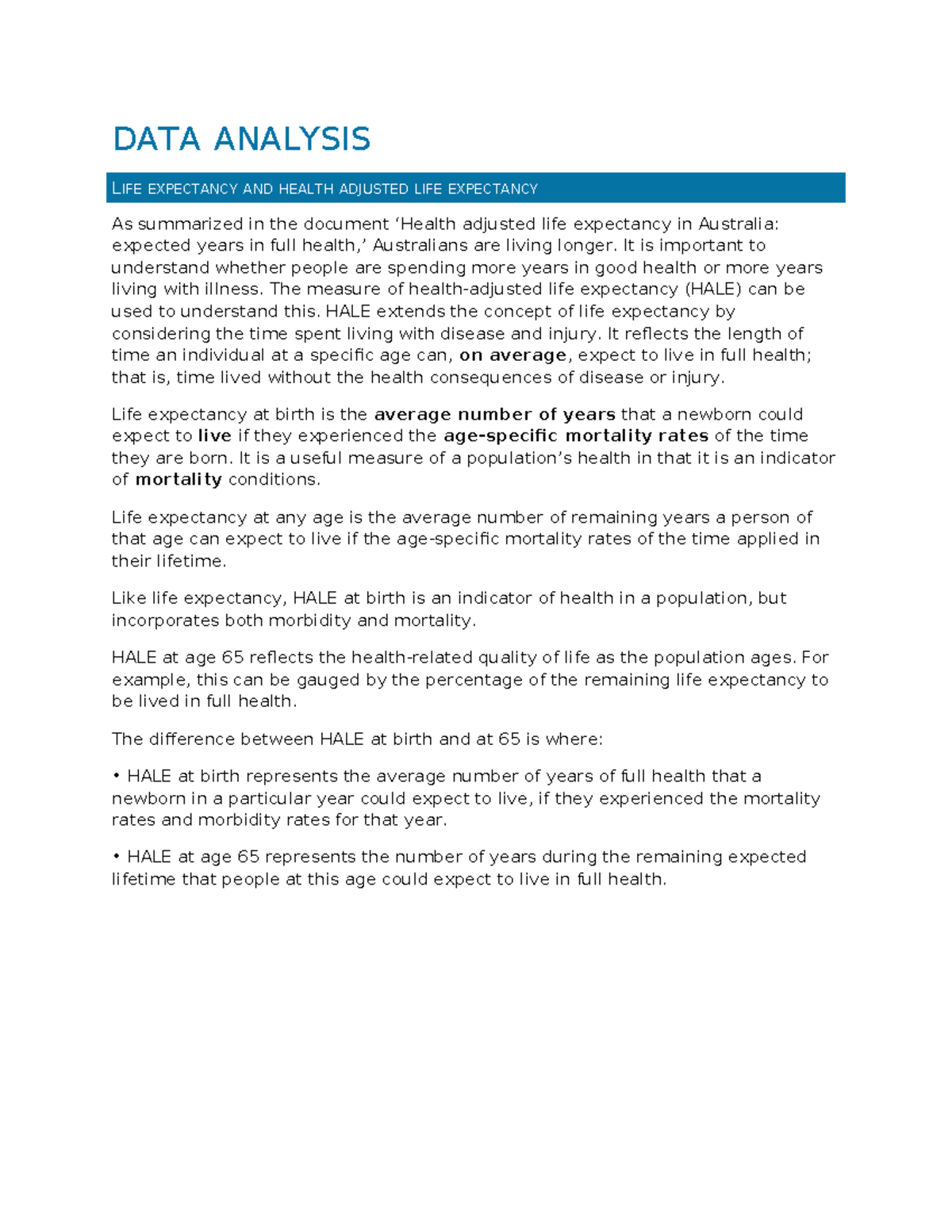 Data Analysis (LE and HALE) - DATA ANALYSIS LIFE EXPECTANCY AND HEALTH ...