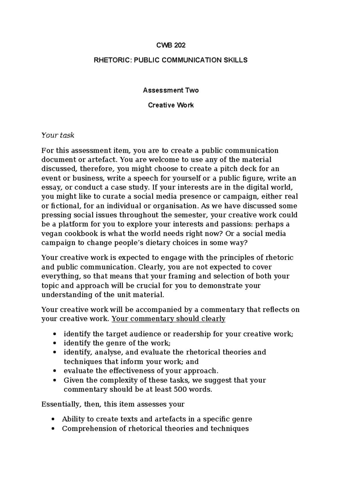 CWB202 A2 Task Sheet - CWB 202 RHETORIC: PUBLIC COMMUNICATION SKILLS ...