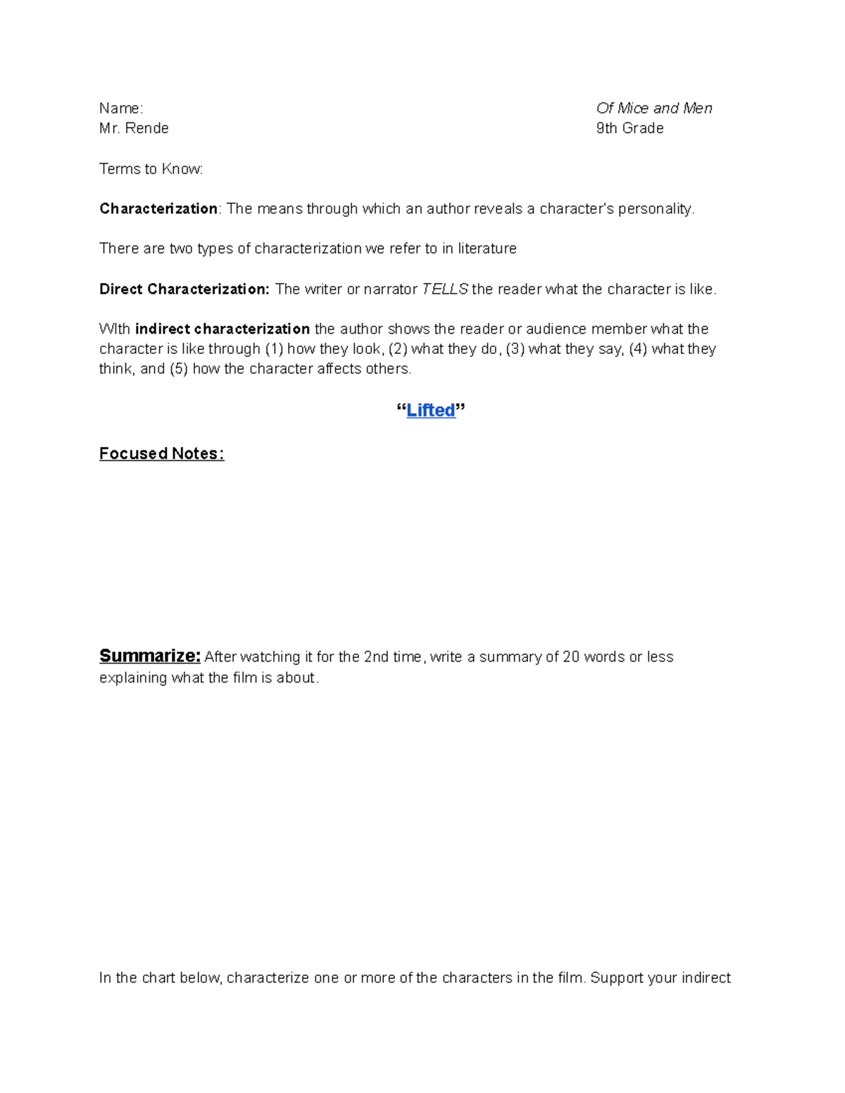 Characterization Activity (1) - Name: Of Mice and Men Mr. Rende 9th ...