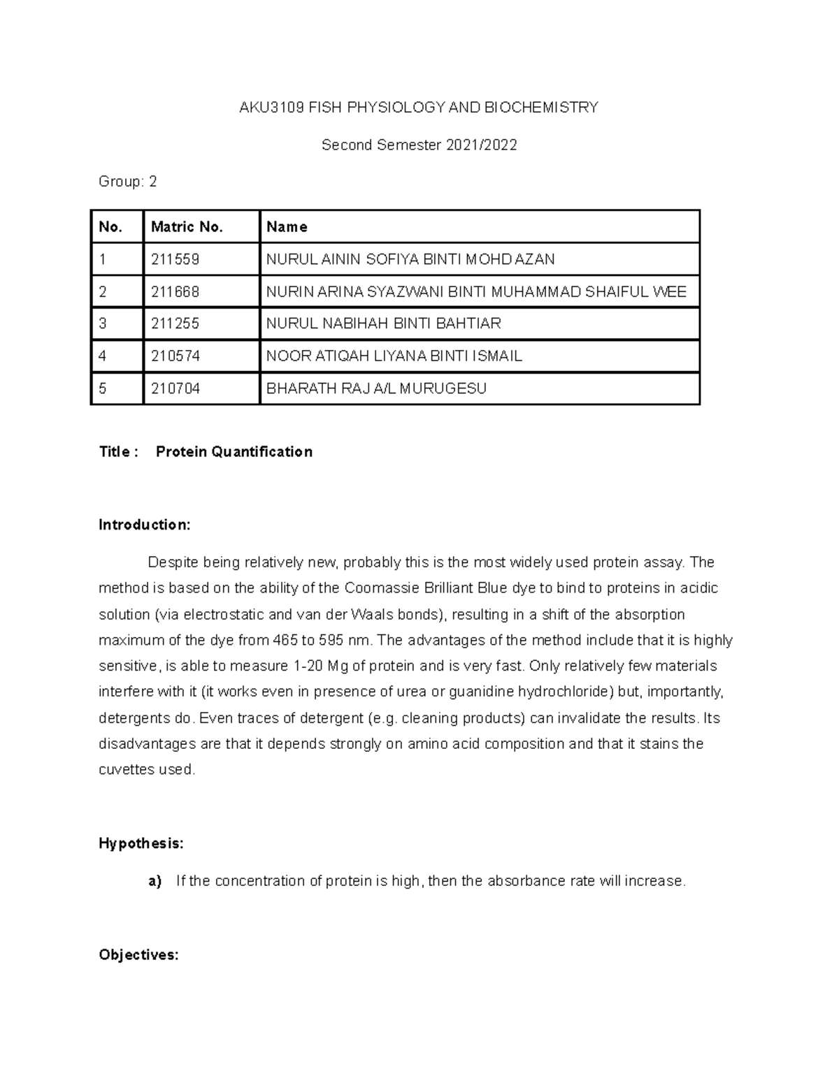 Group 2 LAB Report 1 AKU3109 FISH Physiology AND Biochemistry - AKU3109 ...