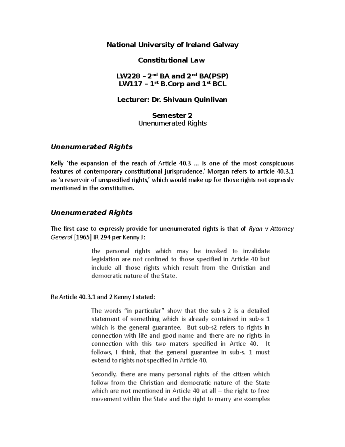 Unenumerated Rights notes - Constitutional Law - Studocu