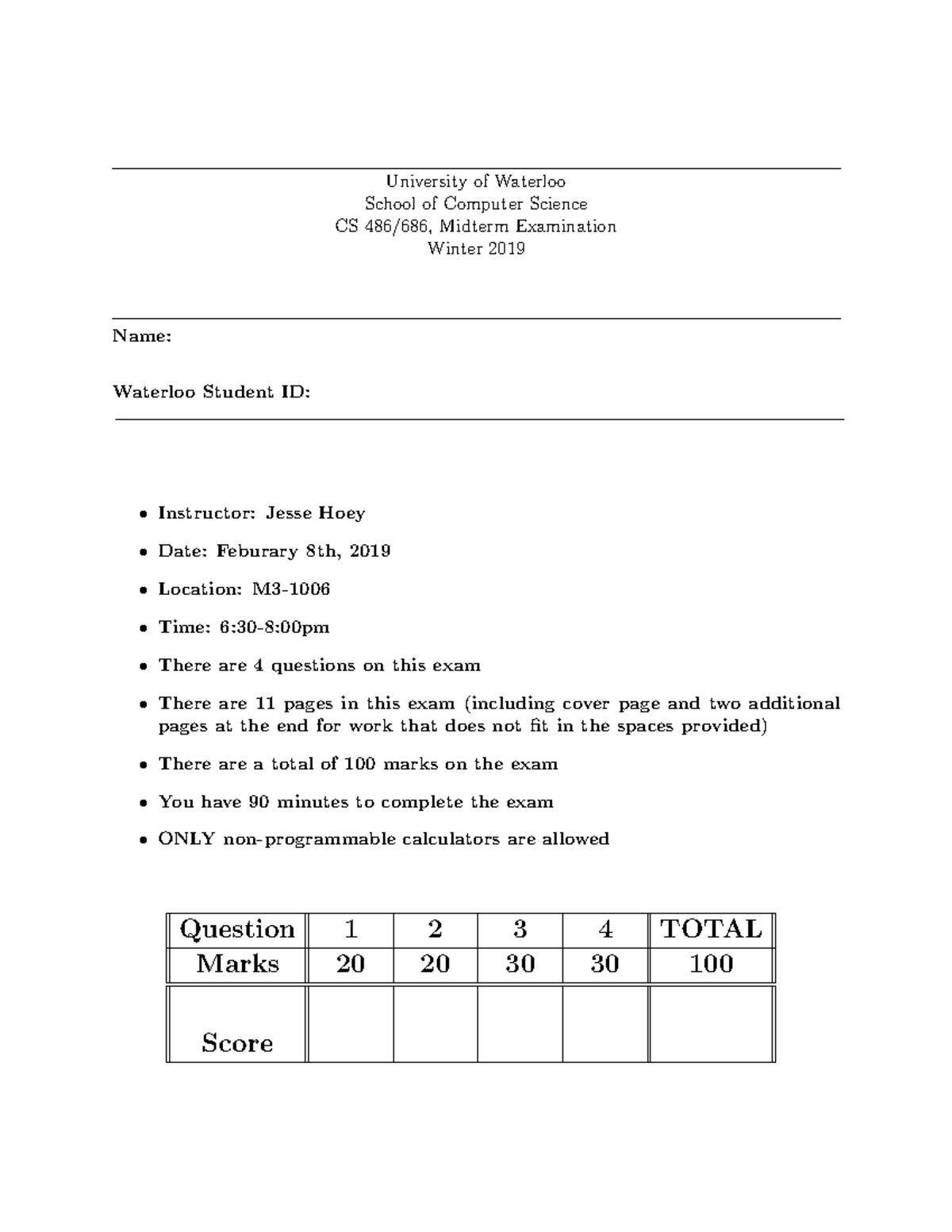 CS486 Sample Midterm - University of Waterloo School of Computer ...