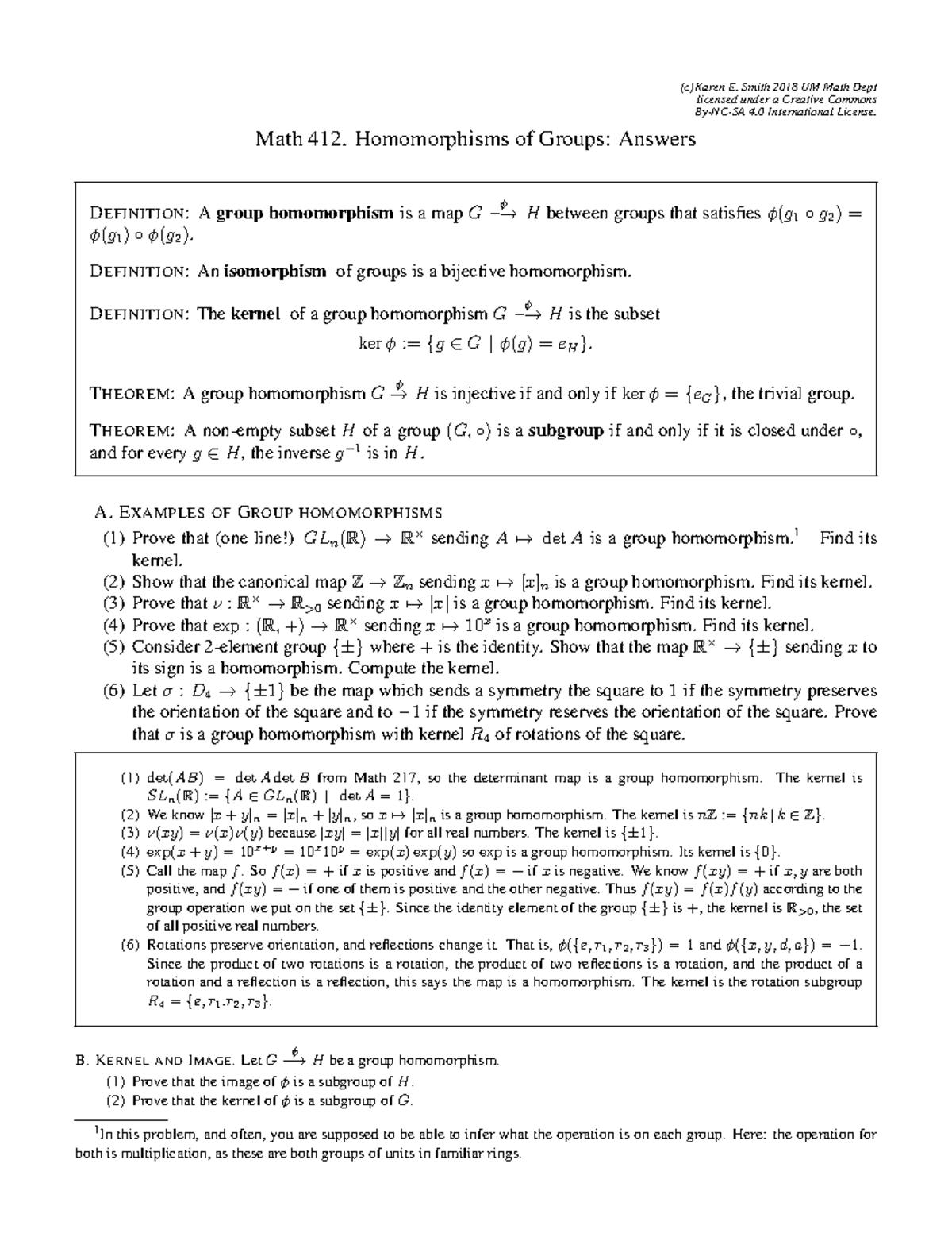 Homomorphism- Answers - (c)Karen E. Smith 2018 UM Math Dept licensed ...