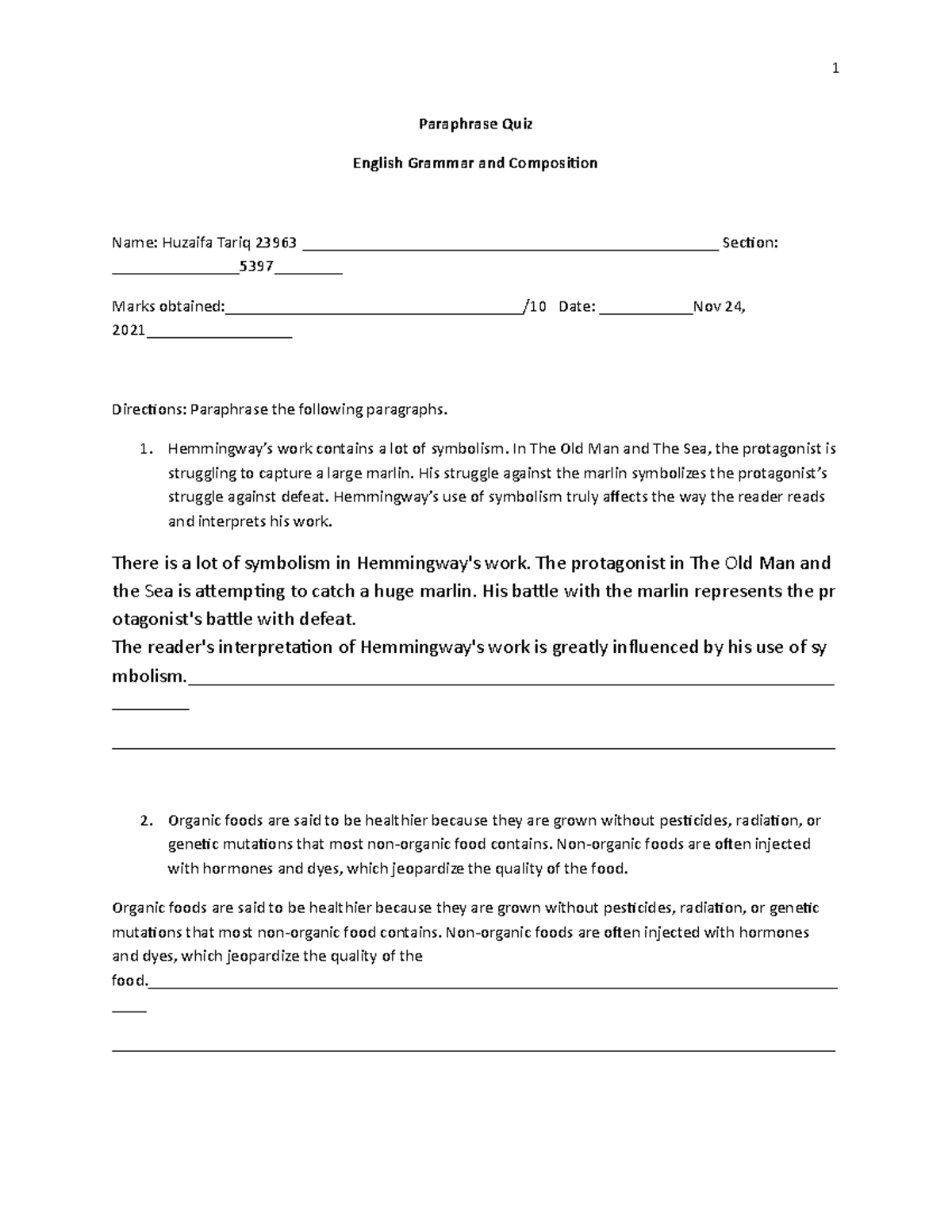 Paraphrase quiz- Huzaifa - 1 Paraphrase Quiz English Grammar and ...