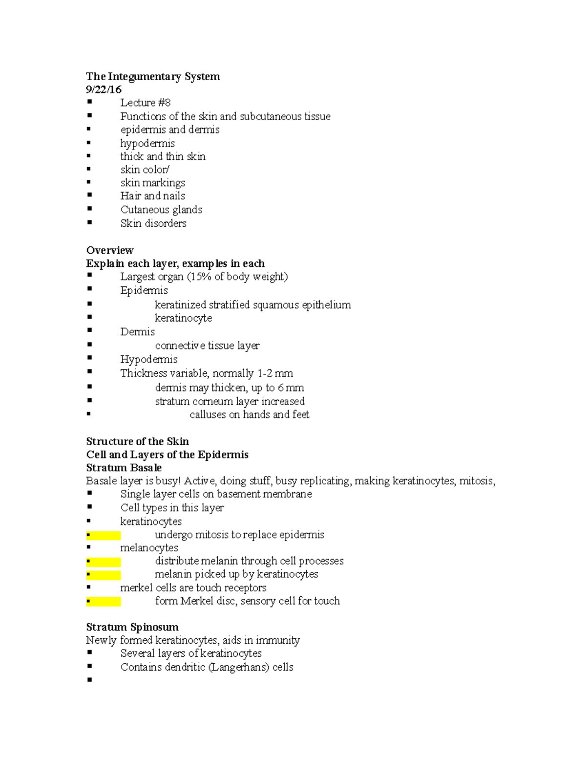 Ap outline 8 - Lecture notes lecture 8 - The Integumentary System 9/22 ...