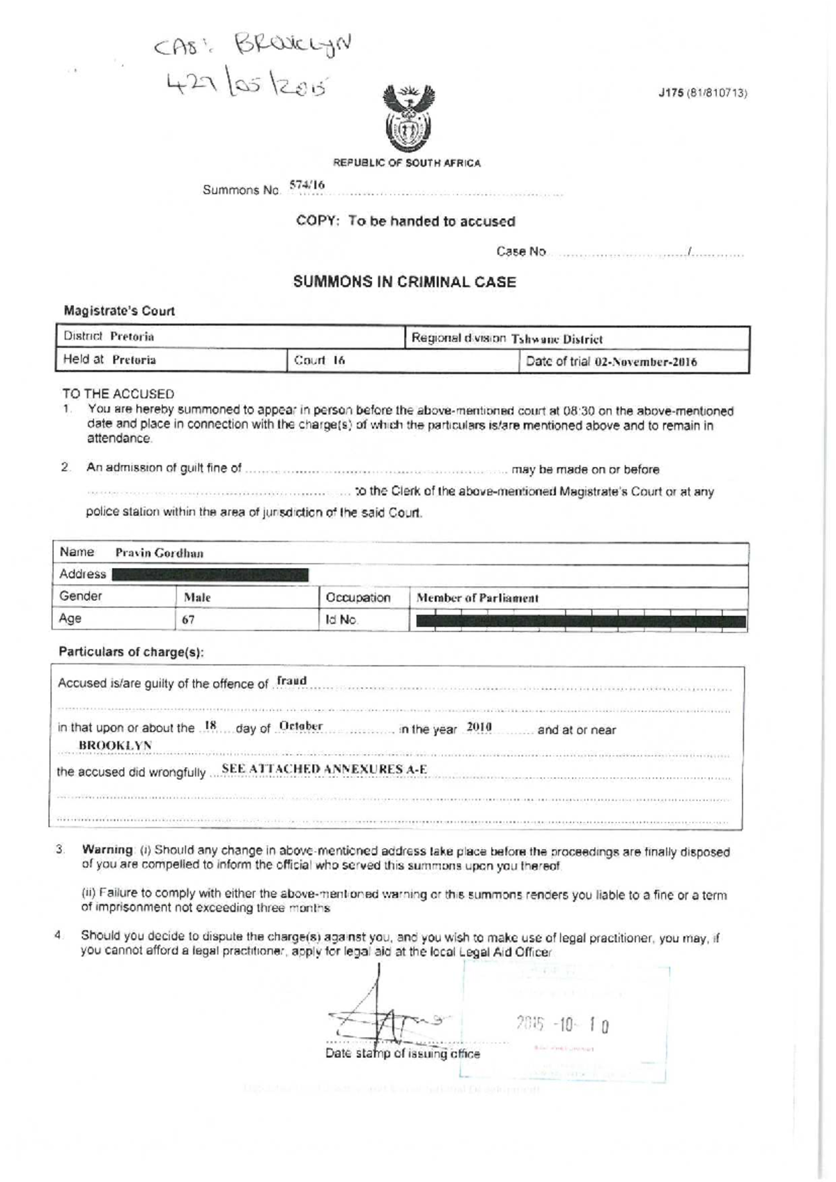 examples of summons - CAS: BROOKLYN J175 REPUBLIC OF SOUTH AFRICA ...