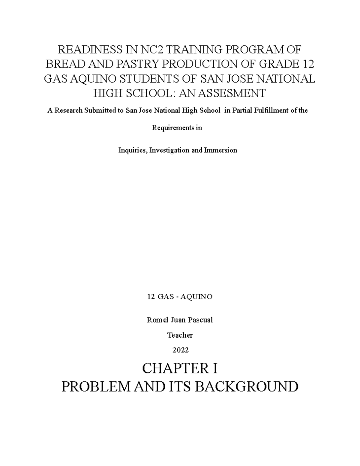 Readiness IN F2F Bread AND Pastry Production OF GR12 GAS BPP ...