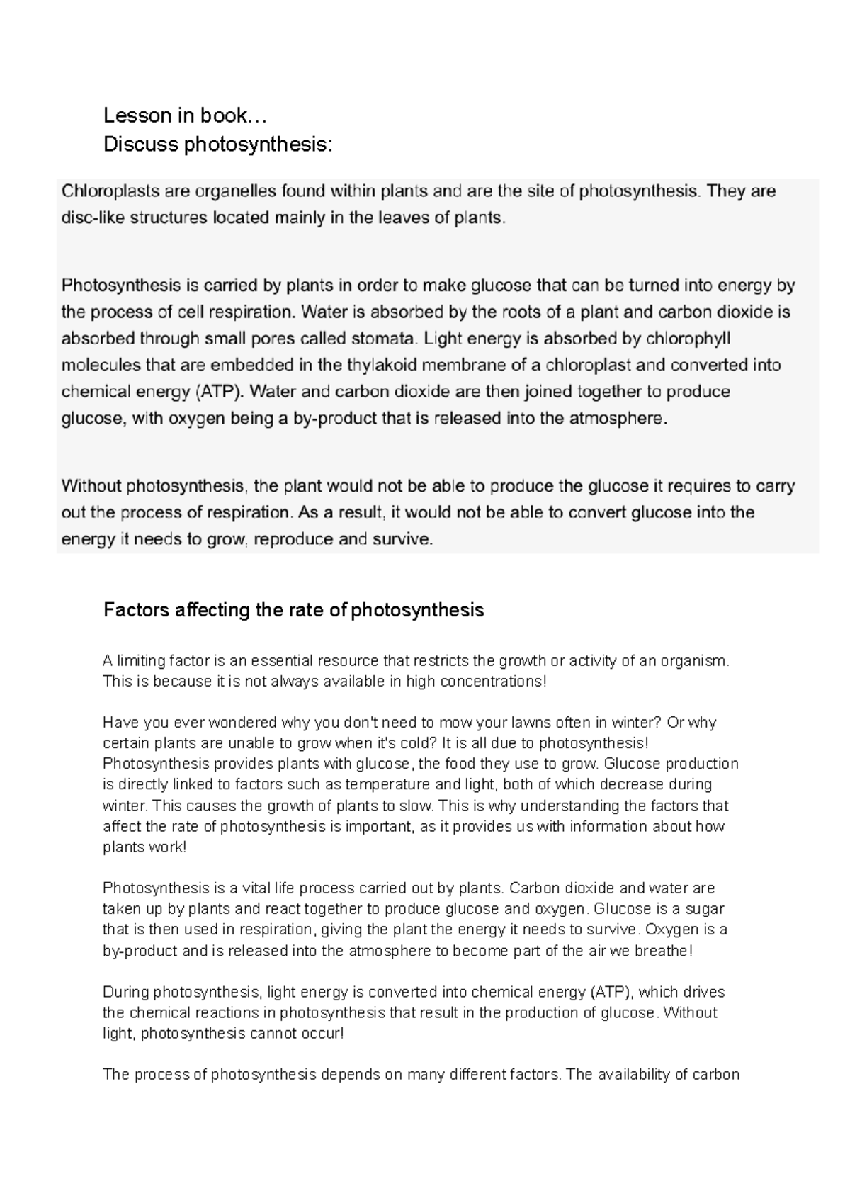 Photosynthesis NOTES YEAR 12 BIOLOGY NCEA - Lesson in book... Discuss ...