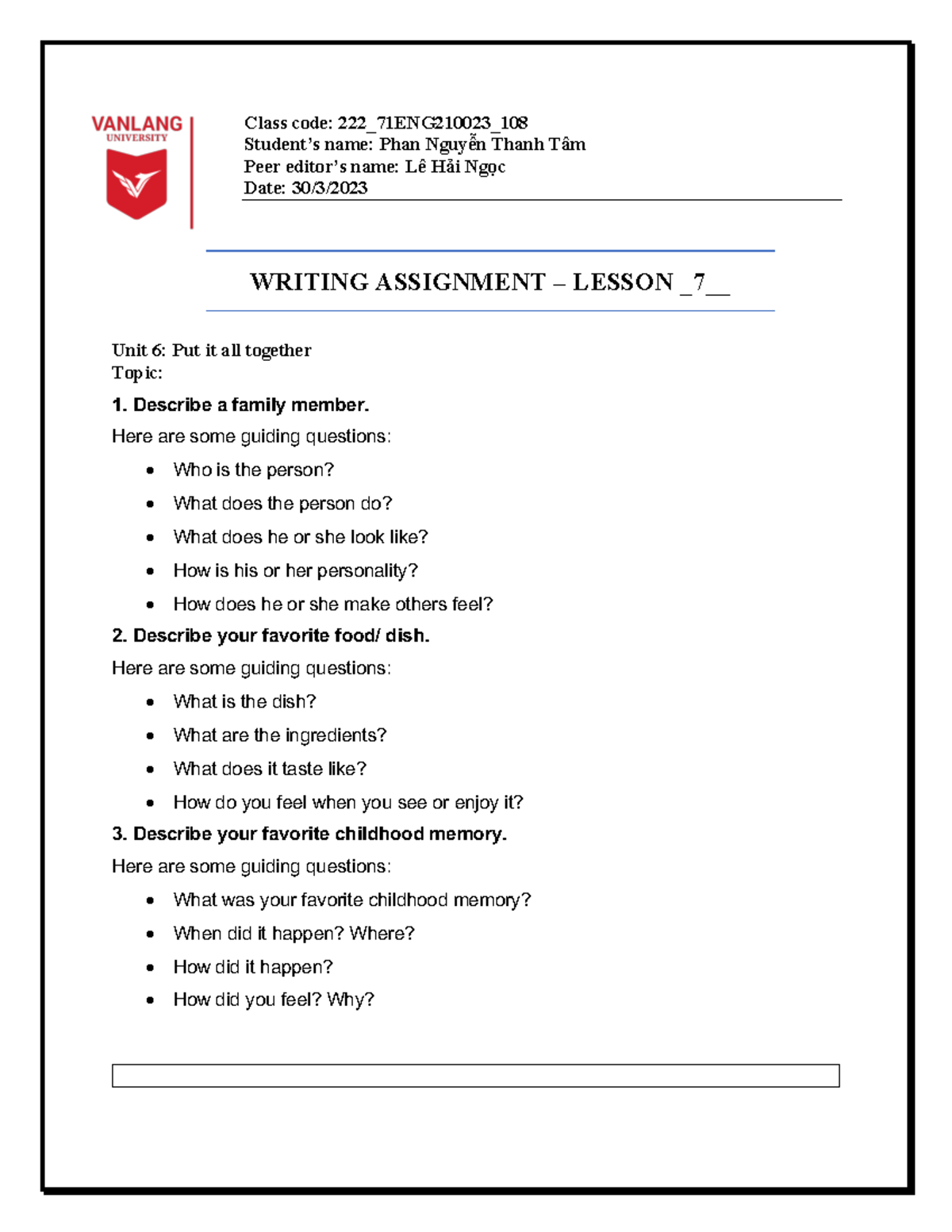 Writing assignment - Lesson 7 - Class code: 222_71ENG210023_ Student’s name: Phan Nguyễn Thanh ...