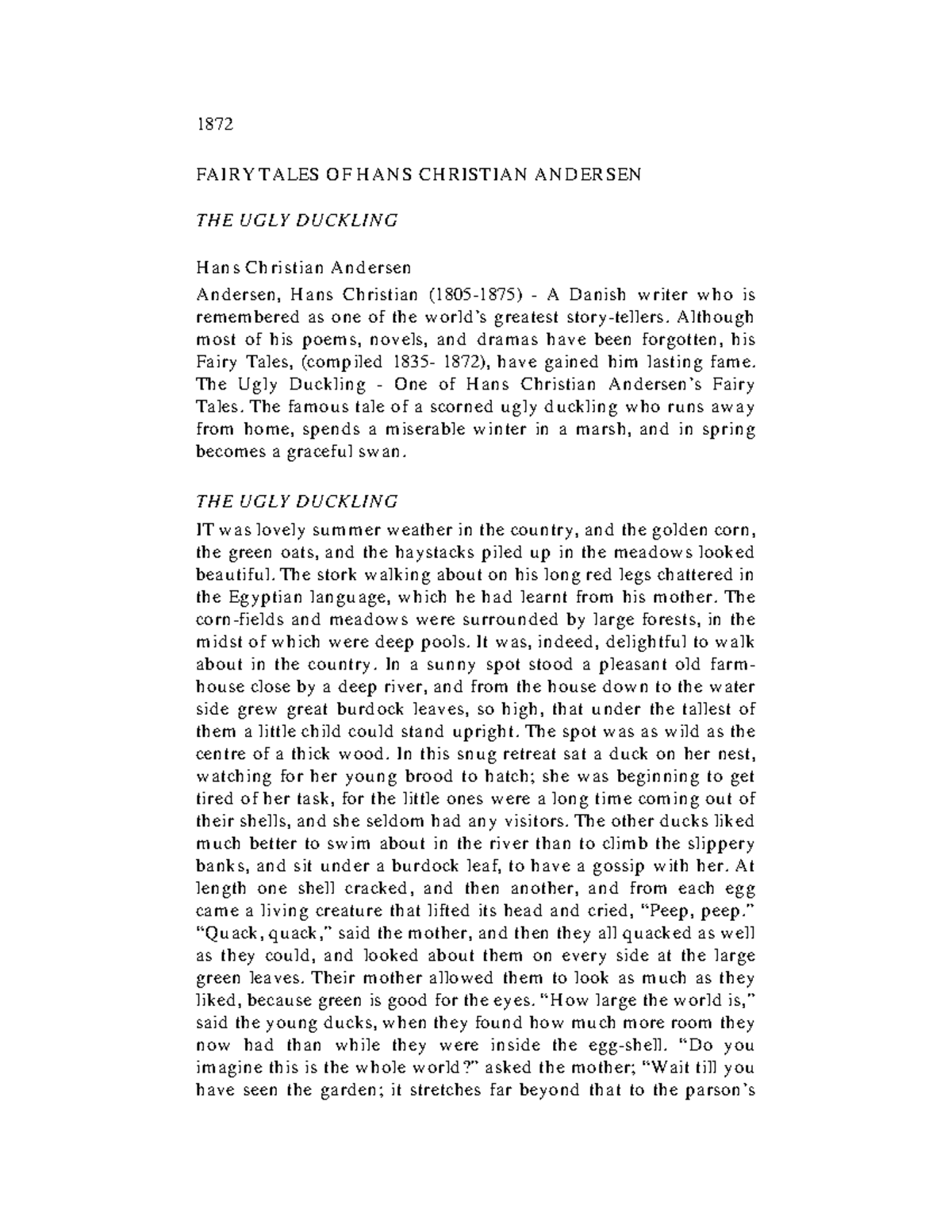 Fables under U1 - 1872 FAIRY TALES OF HANS CHRISTIAN ANDERSEN THE UGLY ...