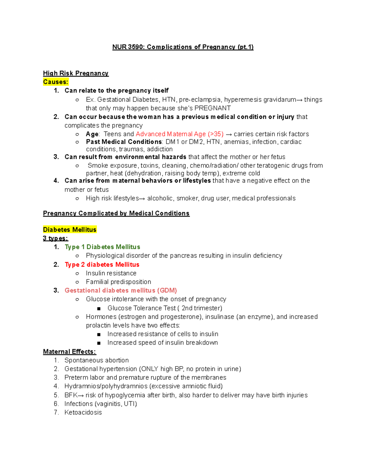NUR 3590 Complications of Pregnancy (Part 1) - NUR 3590: Complications of Pregnancy (pt) High ...