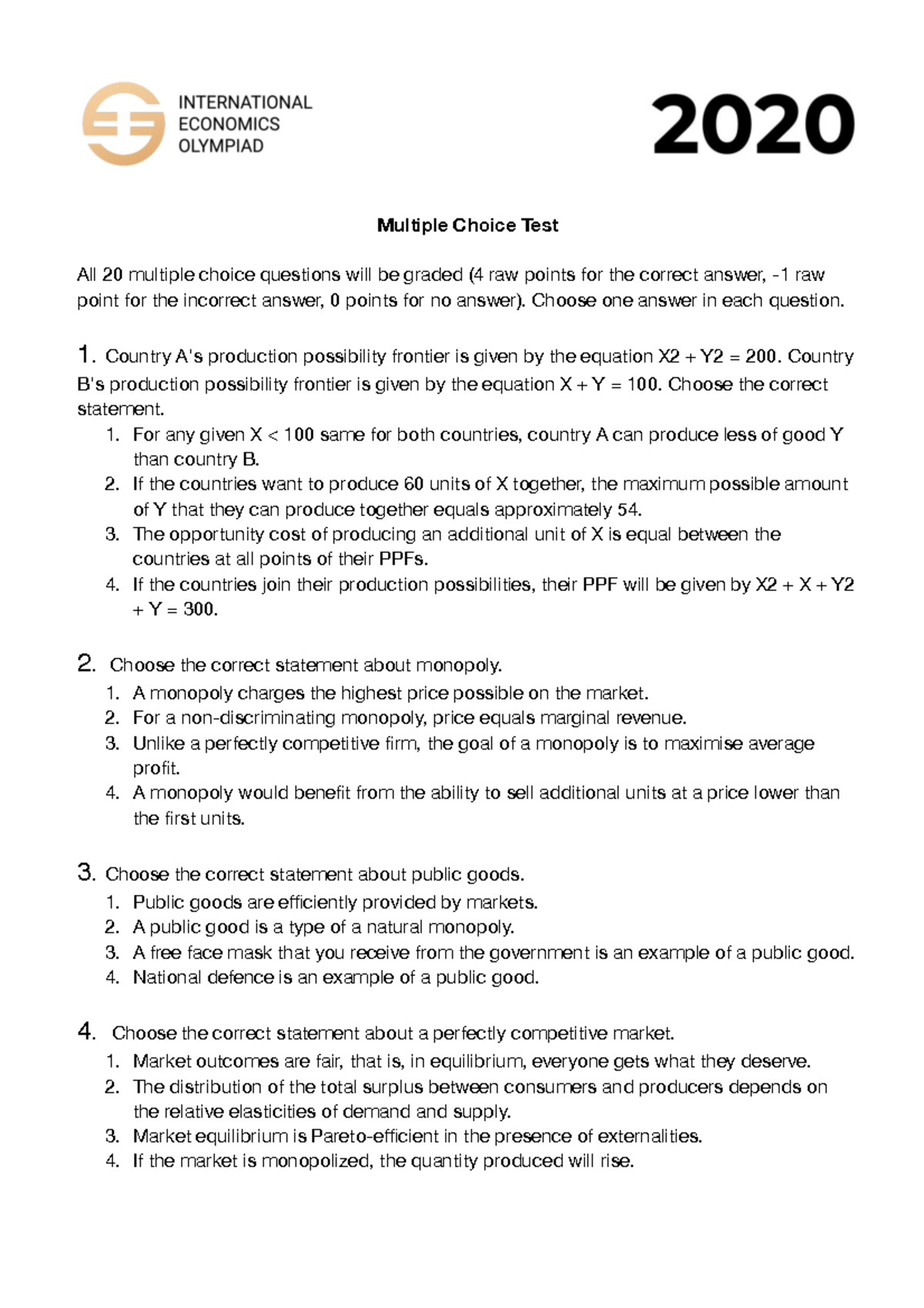 IEO economics open 2020 - Multiple Choice Test All 20 multiple choice ...
