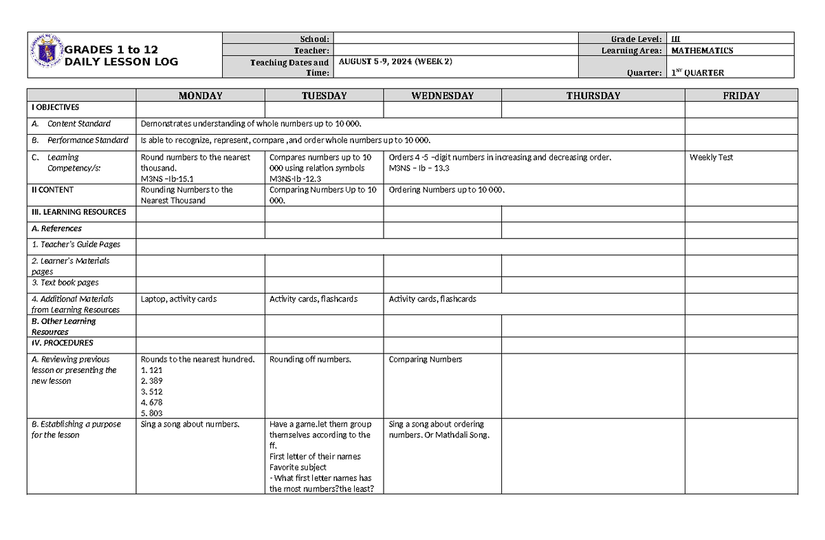 DLL Mathematics 3 Q1 W2 - hey - GRADES 1 to 12 DAILY LESSON LOG School ...