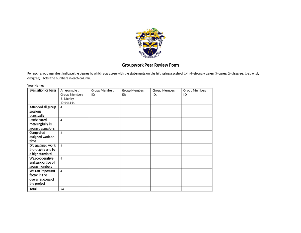 Groupwork Peer Review Form - Total the numbers in each column. Your ...