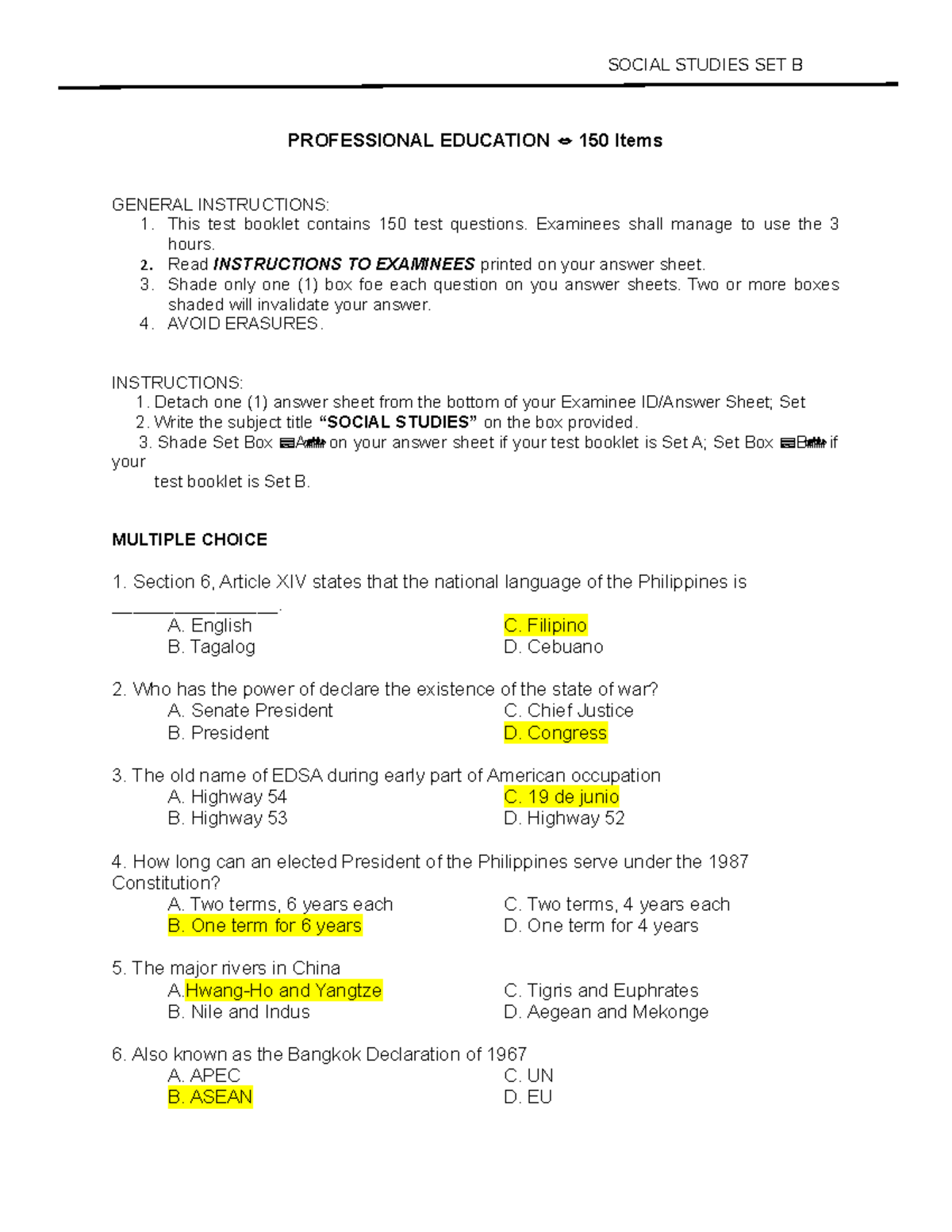 Socsci Major LET SET B Secondary 2020 - PROFESSIONAL EDUCATION 150 Items GENERAL INSTRUCTIONS: 1 ...