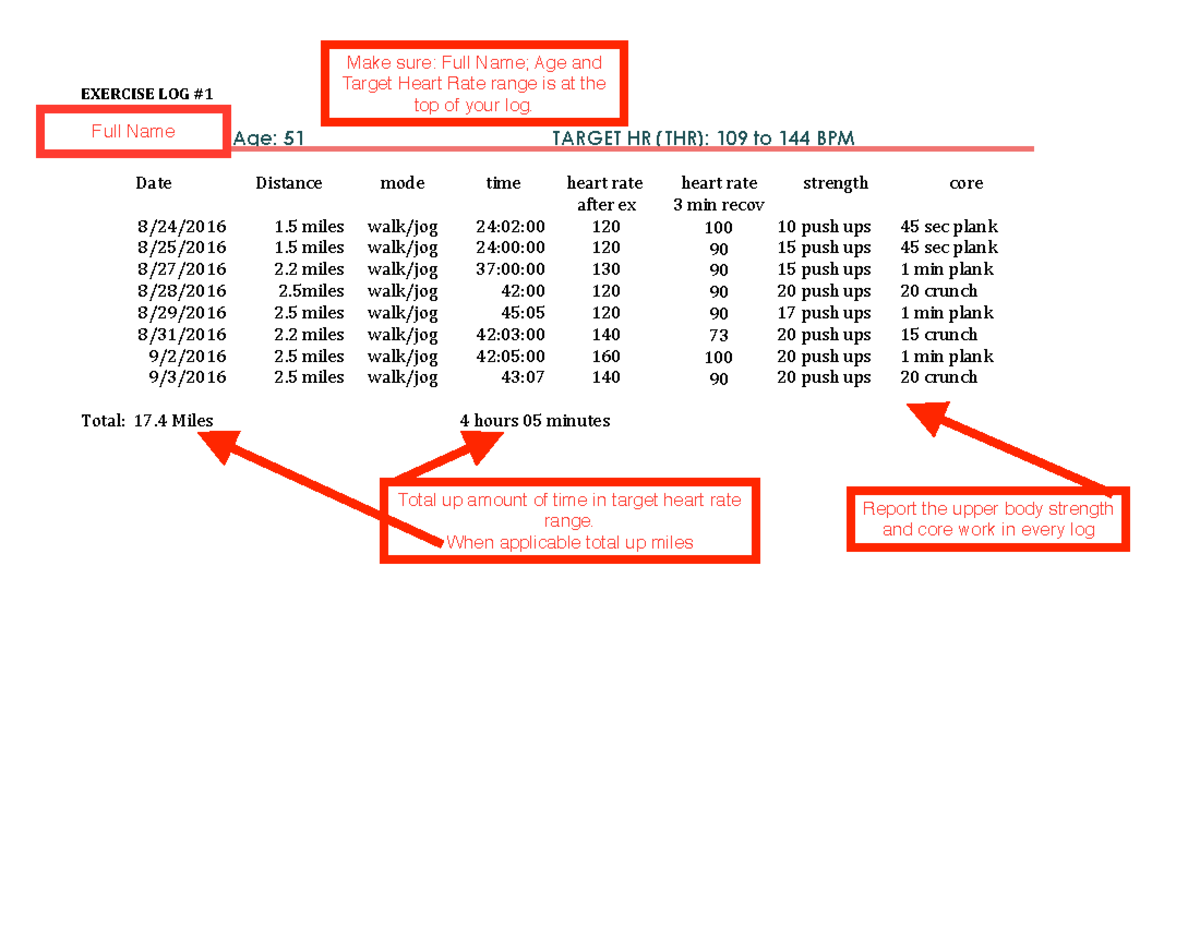 Exercise Log Example #2 plus - EXERCISE LOG Mia Bijaksana Age: 51 ...