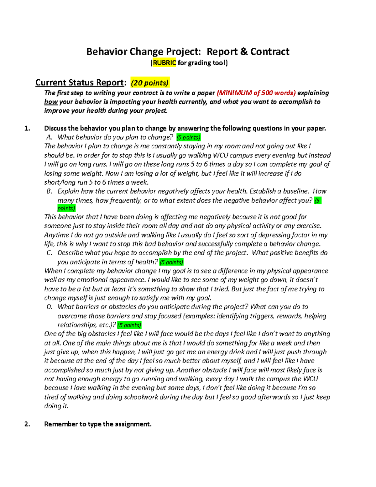 BCP Paper & Contract Rubric I - Behavior Change Project: Report & Contract (RUBRIC for grading ...