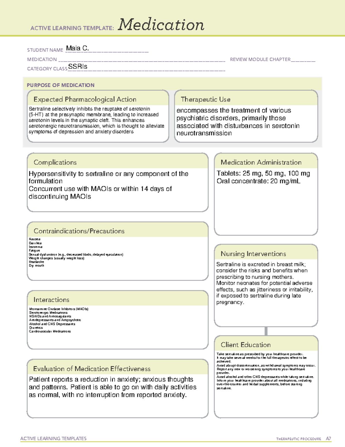 SSRI drug card - Drug Card - ACTIVE LEARNING TEMPLATES TherapeuTic ...