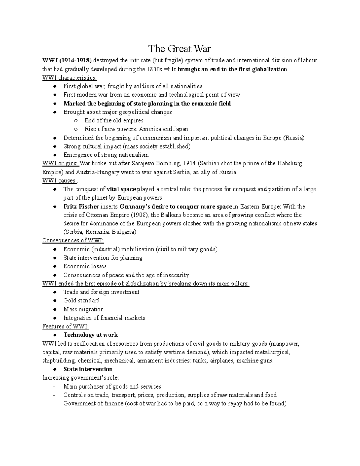 EH second semester - notes - The Great War WWI (1914-1918) destroyed ...
