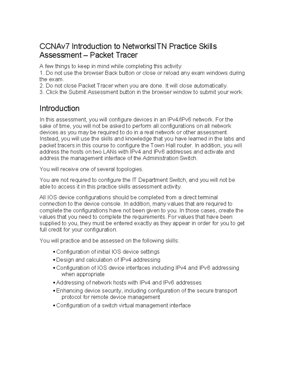 CCNAv 7 Introduction to Networks ITN Practice Skills Assessment - CCNAv7 Introduction to ...