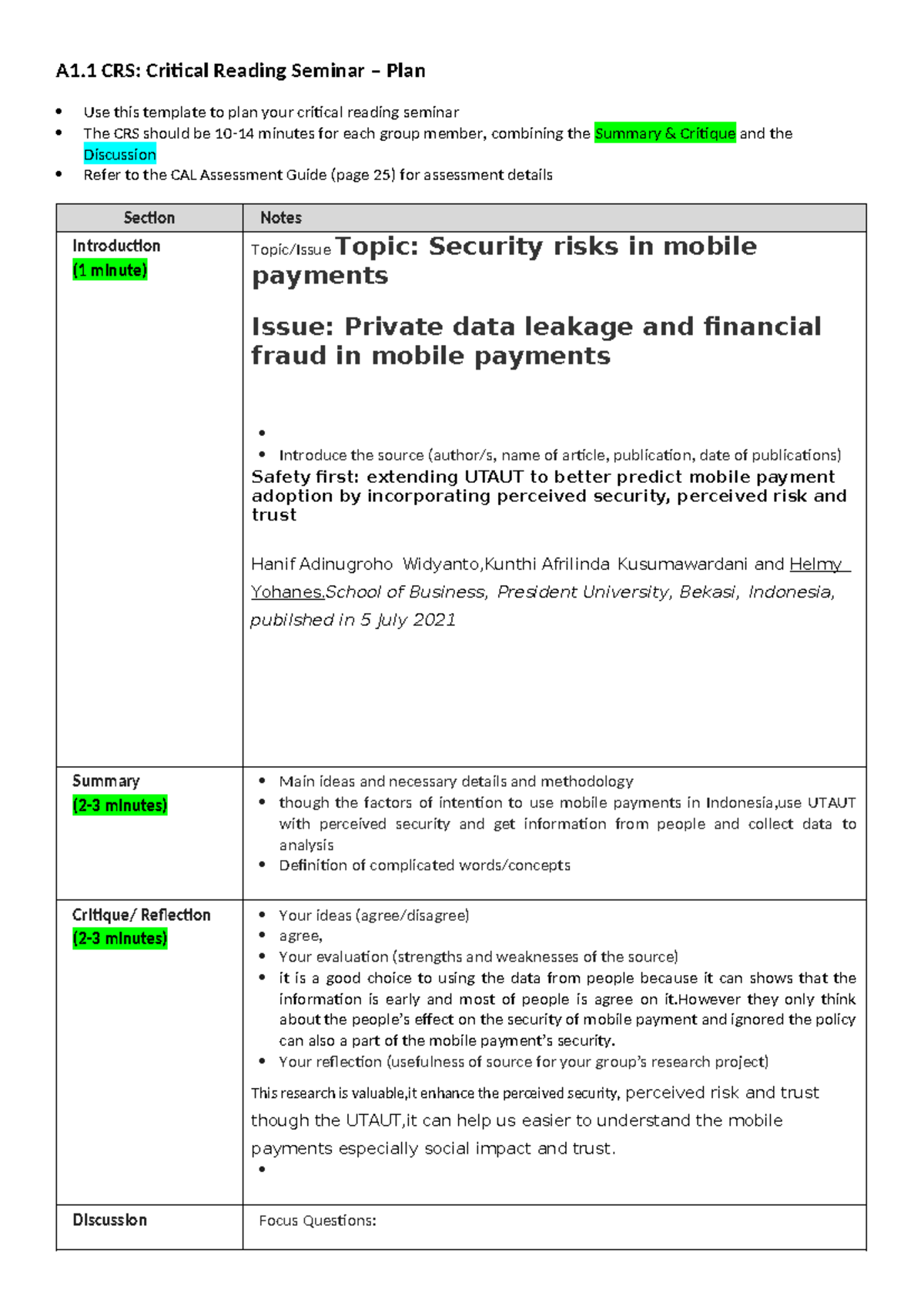 Mod2 Sec6 - A1.1 CRS Plan - A1 CRS: Critical Reading Seminar – Plan Use ...