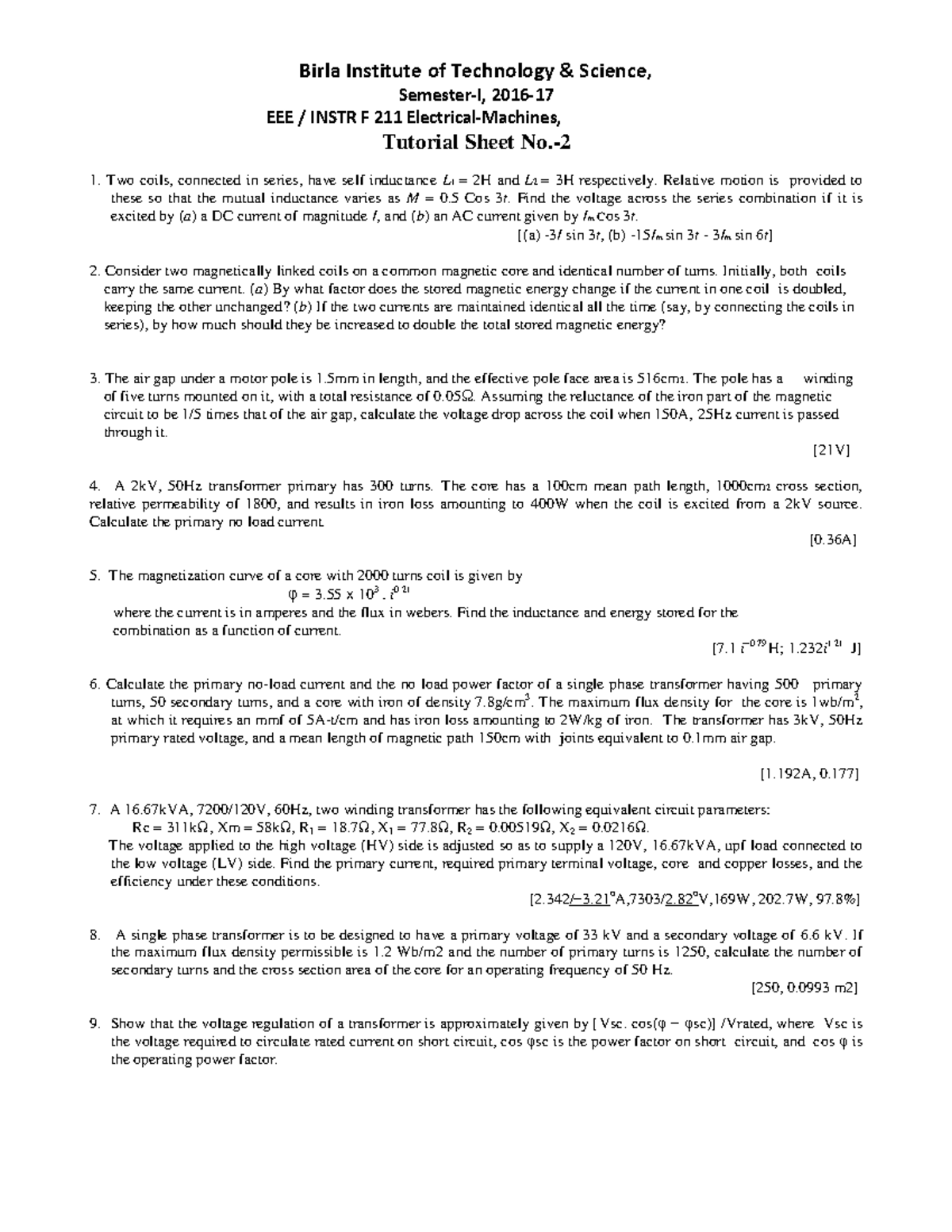 Tutorial Sheet 2 - Birla Institute of Technology & Science, Semester-I ...